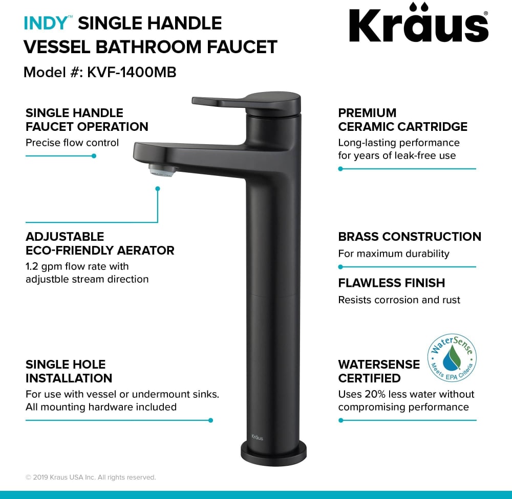 Kraus KVF1400MB Single Handle Vessel Bathroom Faucet with 1.2 GMP Flow ...