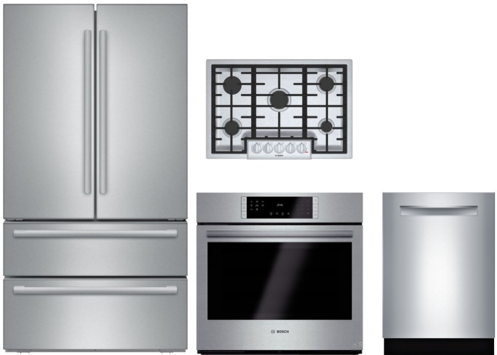 Bosch BORECTWODW68 4 Piece Kitchen Appliances Package with French Door ...