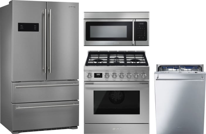 Smeg SMRERADWMW17 4 Piece Kitchen Appliances Package with French Door ...