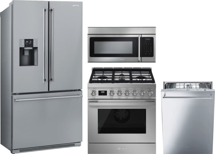 Smeg SMRERADWMW25 4 Piece Kitchen Appliances Package with French Door ...