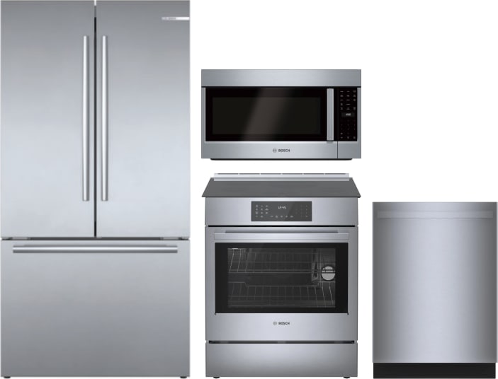 Bosch BORERADWRH694 4 Piece Kitchen Appliances Package with French Door ...