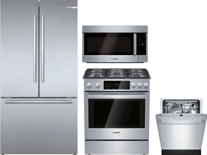 Bosch BORERADWRH720 4 Piece Kitchen Appliances Package with French Door ...