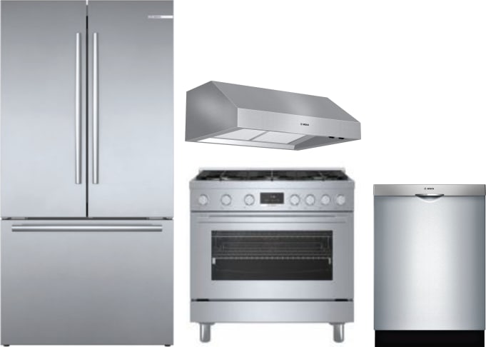Bosch BORERADWRH762 4 Piece Kitchen Appliances Package with French Door ...