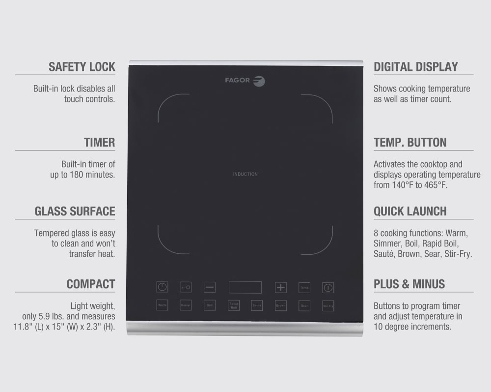 Fagor 670041900 Black Portable Induction Pro Cooktop with 8 Quick ...