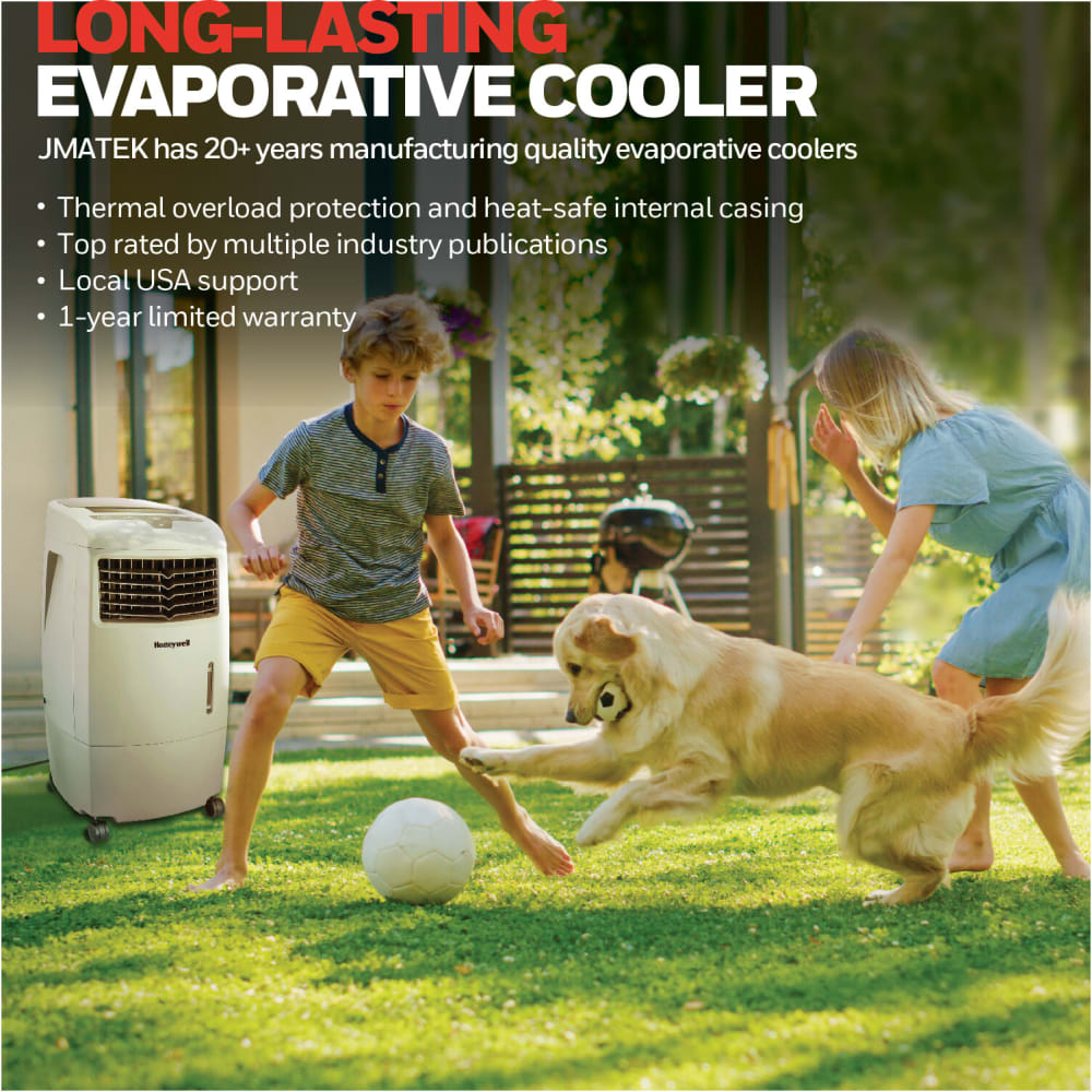 Honeywell CO25AE 33 Inch Indoor Outdoor Portable Evaporative Air Cooler with 4 Fan Speed LED Control Panel Washable Dust Filter Low Water Alarm Energy Saving Timer Ice Compartment Caster Wheels and Re...