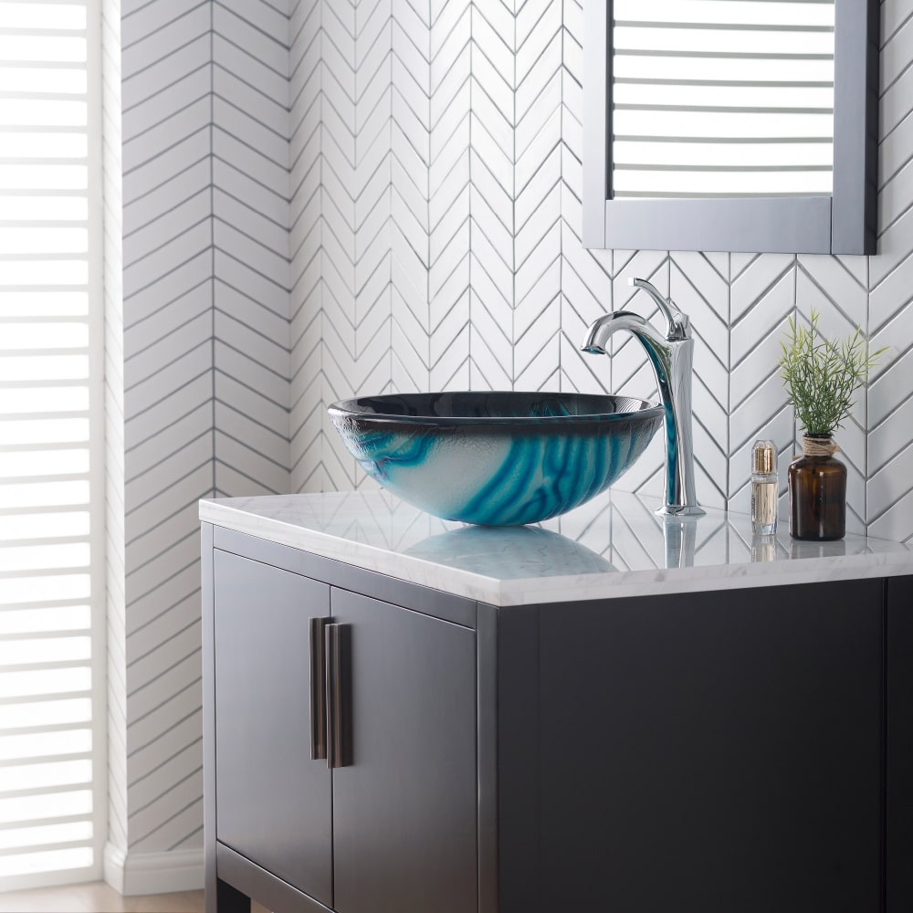 Kraus CGV39919MM1200CH 17 Inch Blue Glass Bathroom Vessel Sink and Arlo ...