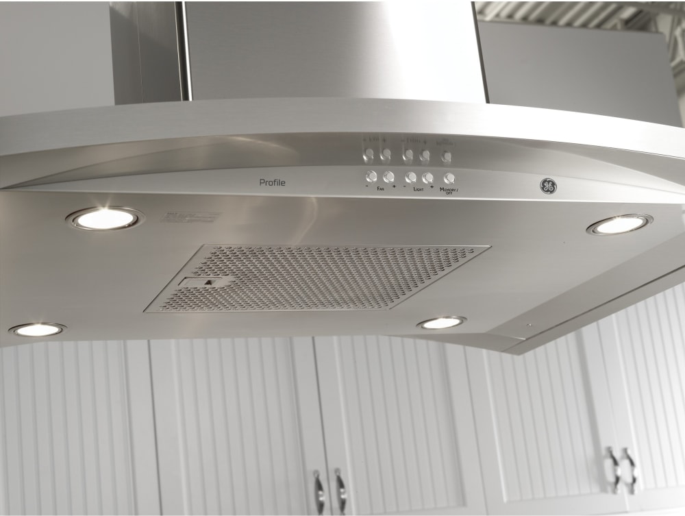 GE UVI7361SWSS 36 Inch Island Chimney Hood with 430 CFM Internal Blower Recirculating Option Push Button Controls 3 Speed Fan Boost LED Light and Removable Filter