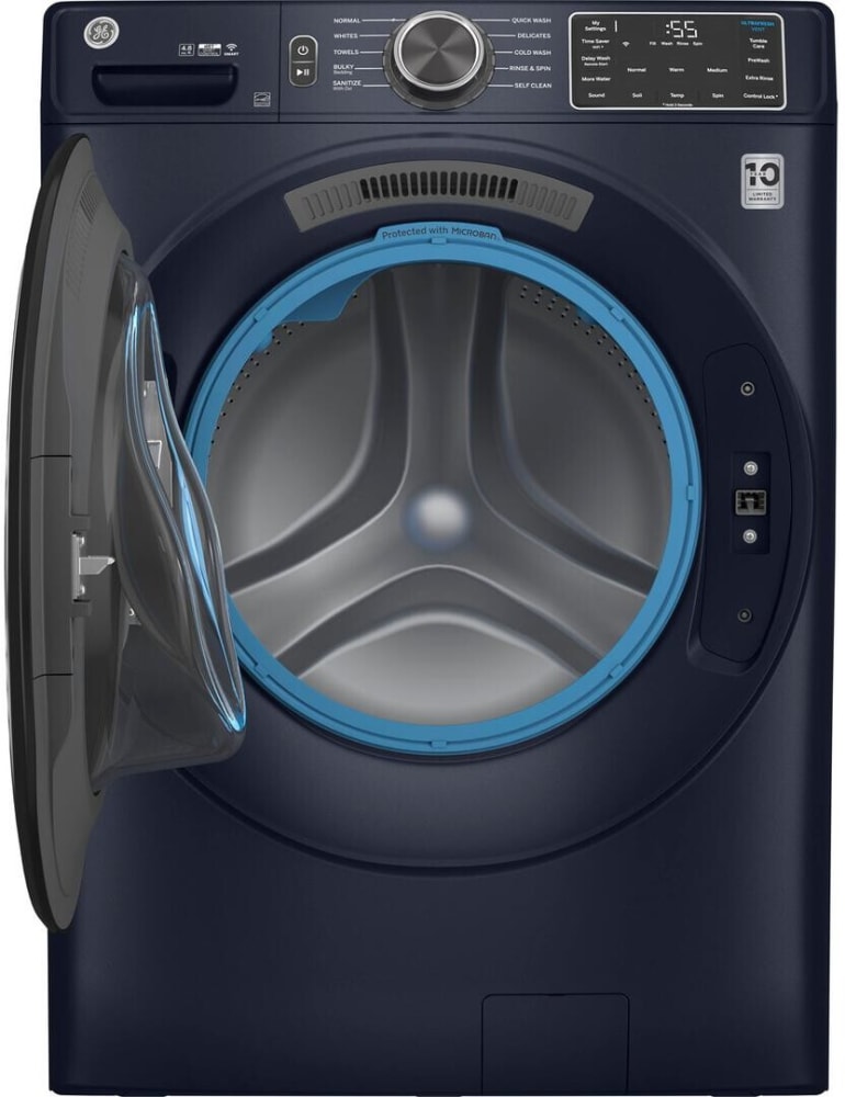 GE GEWADRGRRS550SP1 Stacked Washer Dryer Set with Front Load Washer and Gas Dryer in Sapphire Blue