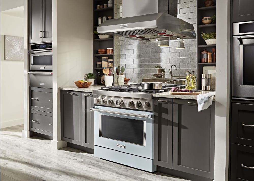KitchenAid KFDC506JMB 36 Inch Freestanding Dual Fuel Smart Range with 6 Sealed Burners 5.1 cu. ft. True Convection Oven Ultra Power Dual Flame Burners Self Clean and Star K Misty Blue