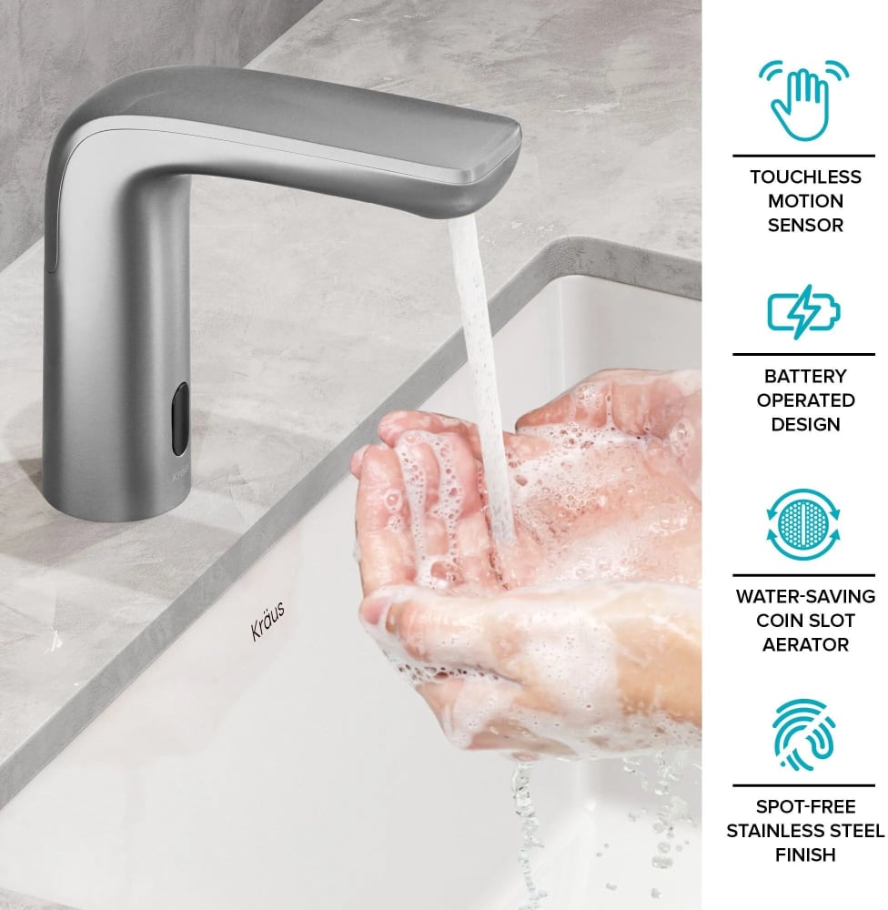 Kraus KSB10001SFS Touchless Sensor Bathroom Faucet with 1.2 GPM Flow Rate Coin Slot Aerator Timer Single Whole Design and ADA Complaint