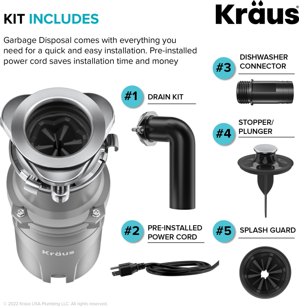 Kraus KWD21050MGR WasteGuard™ High-Speed Motor Garbage Disposal with ...