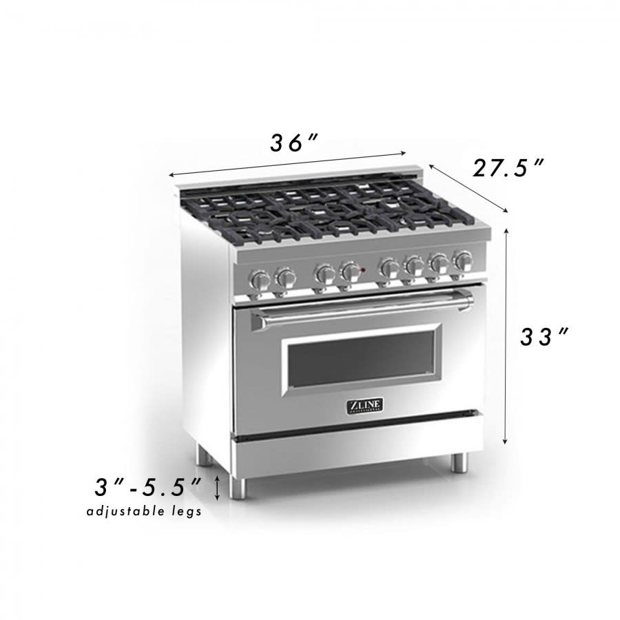 ZLINE RABG36 36 Inch Freestanding Dual Fuel Range with 6 Sealed Italian ...