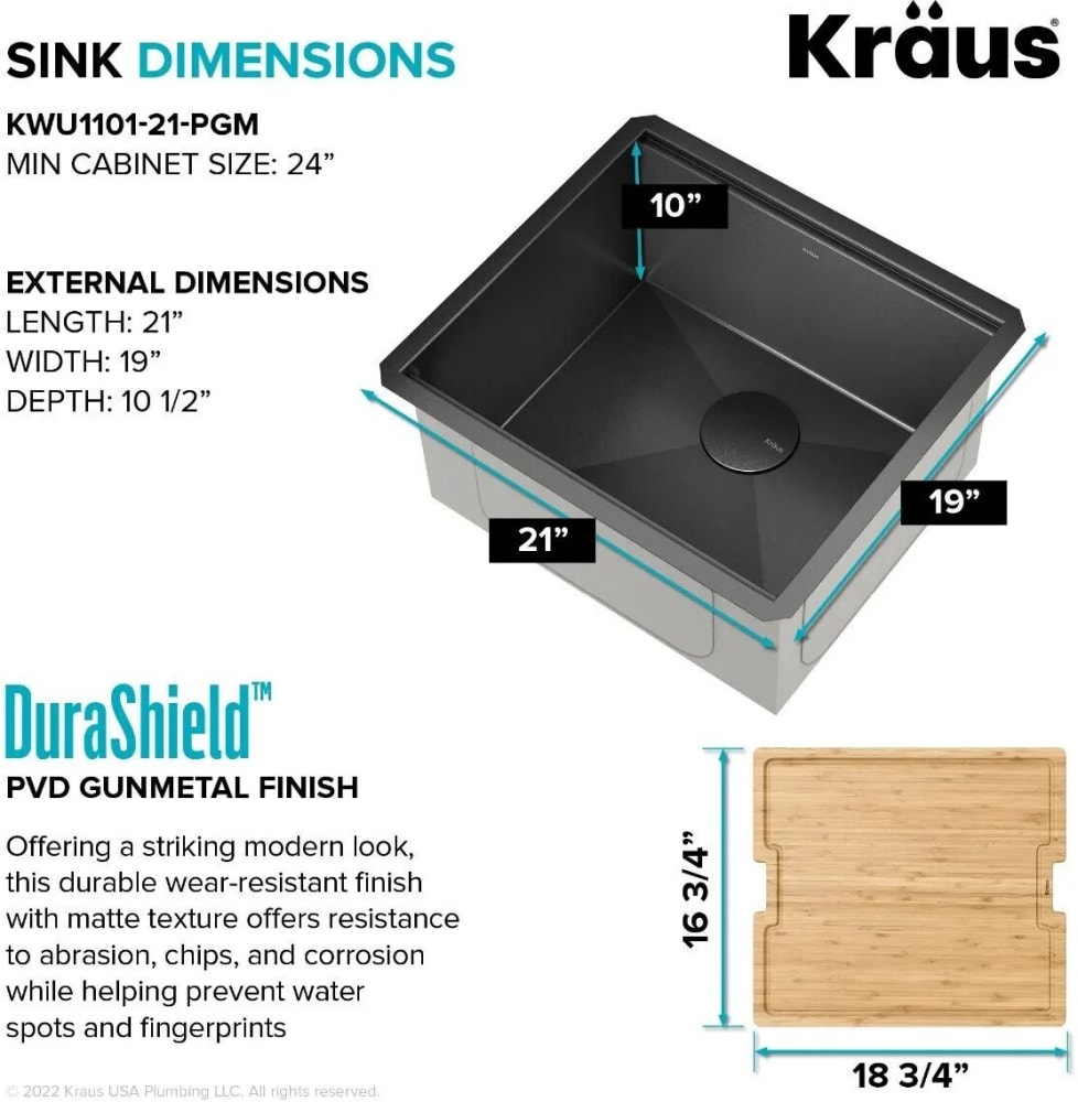 Kraus KWU110121PGM Kore™ Undermount Workstation Single Bowl Kitchen ...