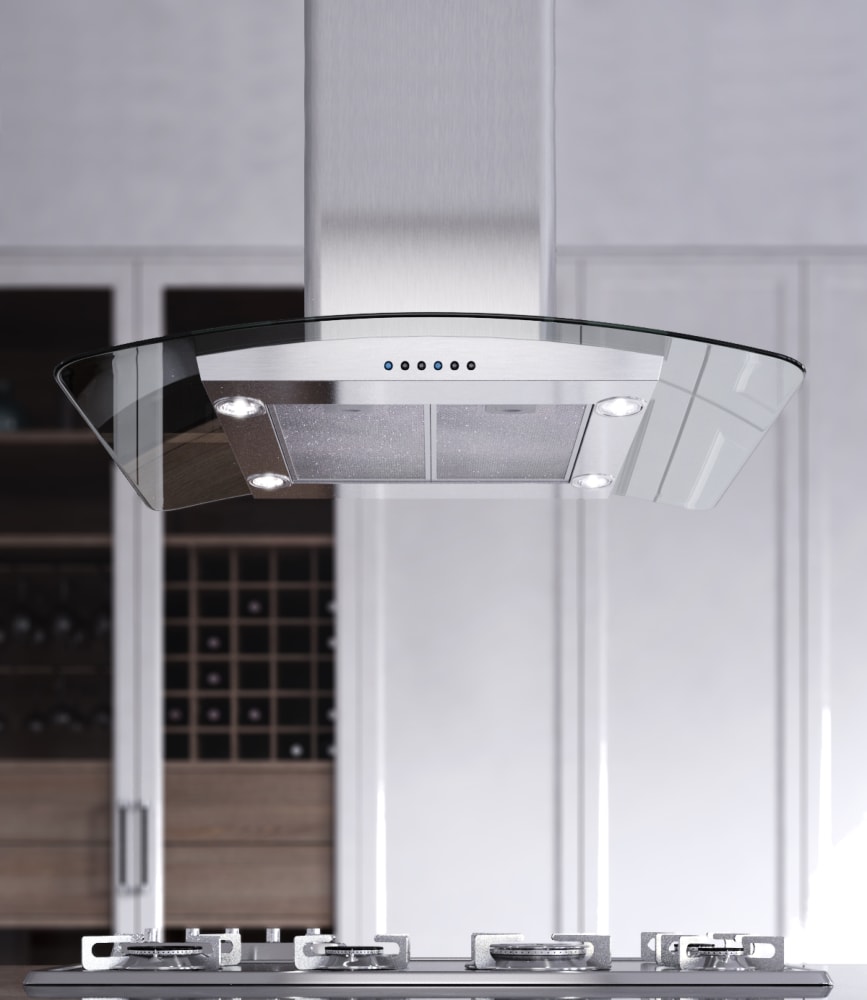 XO XOMI36G Island Glass Canopy Chimney Range Hood with 600 CFM Internal ...