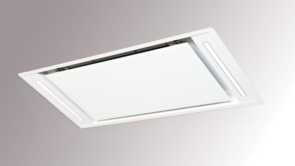 Sirius SUT958WH 36 Inch Pro Style Ceiling Mount Ducted Hood with 4 Fan Speed 1100 CFM Blower Options LED Lighting Remote Control and White Glass Panel