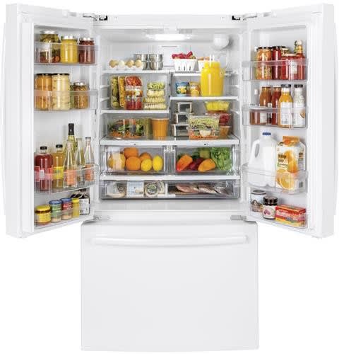 GE GNE27JGMWW 36 Inch French Door Refrigerator with 27 cu. ft. Capacity Quick Space Shelf Deli Drawer LED Lighting Ice Maker Enhanced Shabbos