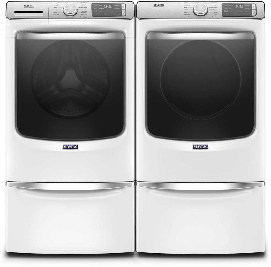 Maytag MAWADRGW86302 Side by Side on Pedestals Washer Dryer Set with Front Load Washer and Gas Dryer in White