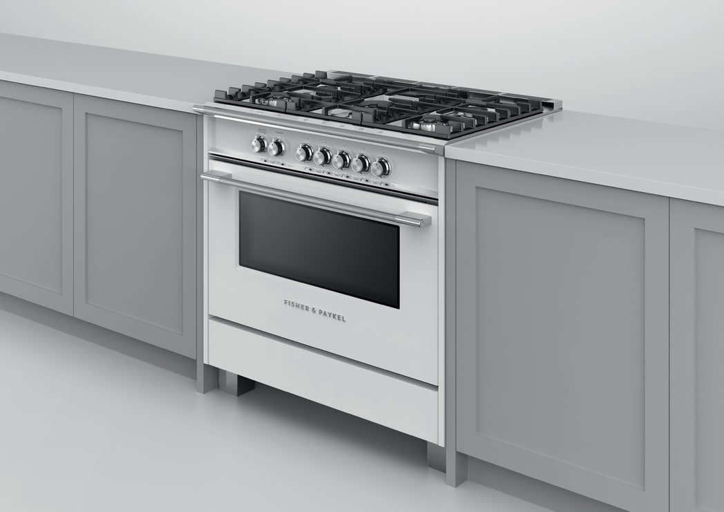 Fisher Paykel OR36SCG4W1 36 Inch Freestanding Gas Range with AeroTech Technology Aero Bake Soft Close Door Storage Drawer Self Clean and 4.9 cu. ft. Oven Capacity White