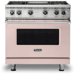 Viking VGR5364GBH 36 Inch Freestanding Professional Gas Range with 4 Sealed Burners 5.1 Cu. Ft. Capacity VSH Pro Sealed Burner System ProFlow Convection Baffle TruPowerPlus Burner and Griddle Blush NG